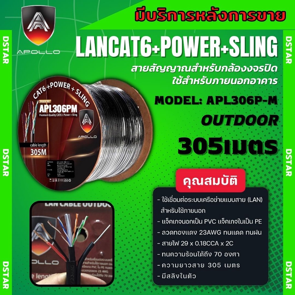apollo สายแลน+สายไฟ + สลิง Lan Cable UTP CAT6 Outdoor+power + sling ...