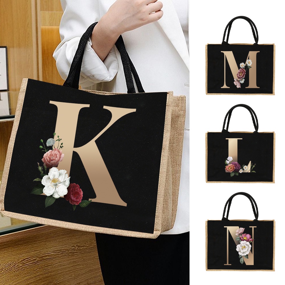 New Jute Tote Bag สําหรับผู้หญิงสุภาพสตรีไหล่อเนกประสงค์พิมพ์ดอกไม้สี ...