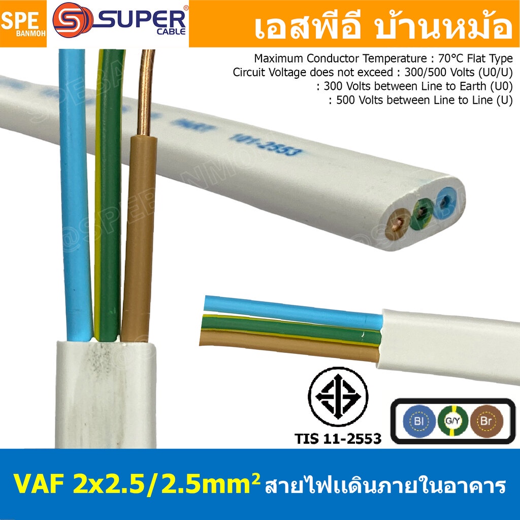 [ 1 เมตร ] สายไฟบ้าน VAF-G 3Cx2.5 sq.mm. ฉนวนสองชั้น ชนิดแกนเดี่ยว เดินไฟในบ้าน สายไฟแข็ง 3 แกน ...