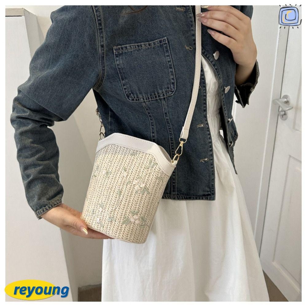 Reyoung กระเป๋าถังทอ, กระเป๋าสะพายข้างแฟชั่นผู้หญิงกลวงจับกระเป๋า, ความจุสูงซิปปิดกระเป๋าโครเชต์ ...