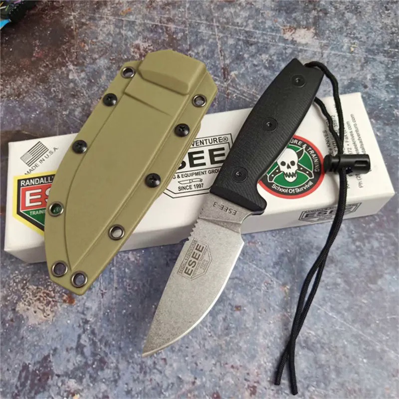 ESEE-3 Rowen Tactical Fixed Blade Knife 9Cr18 Stonewashed Blade Black ...