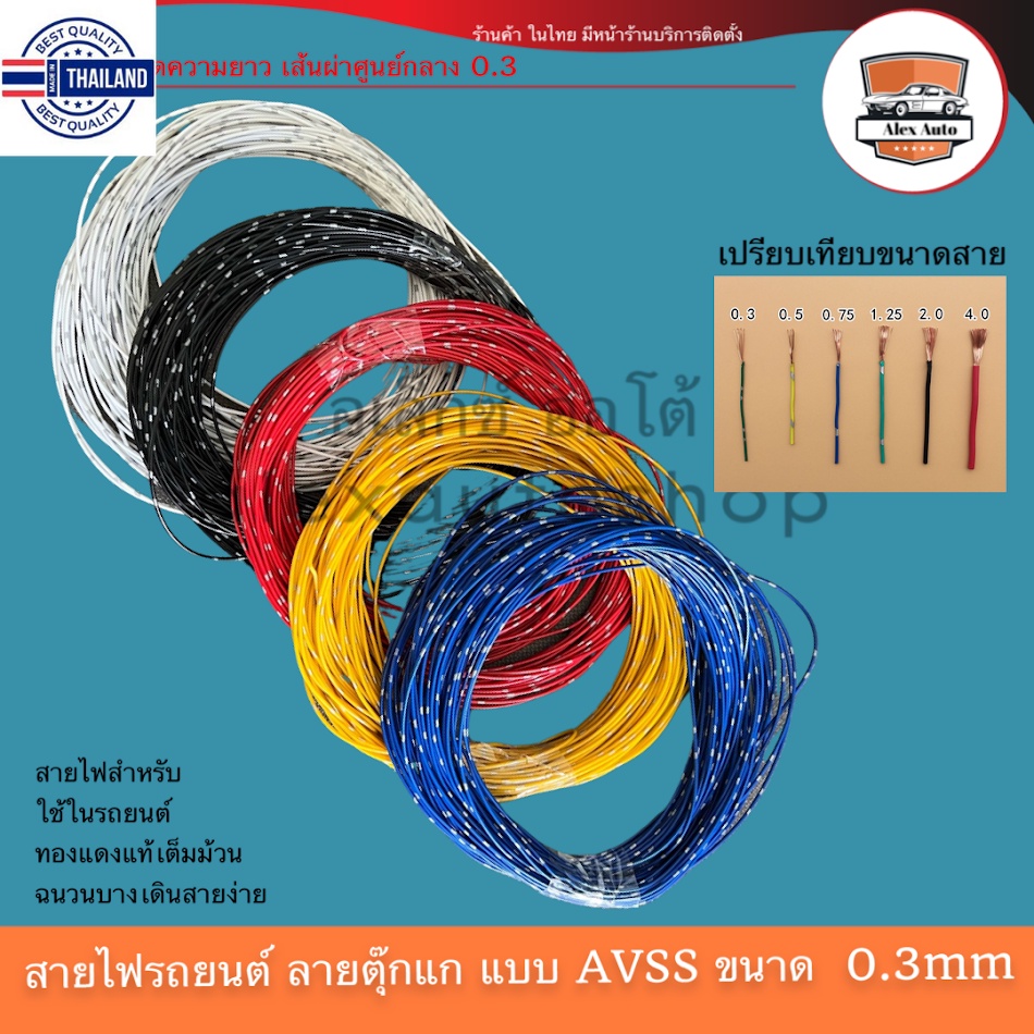 สายไฟรถยนต์ ลายตุ๊กแก AVSS ขนาด 0.3 sq.mm ความยาว 10 /20 เมตร ไส้ทองแดงแท้ เปลือกาง ใส้ในเต็ม ...
