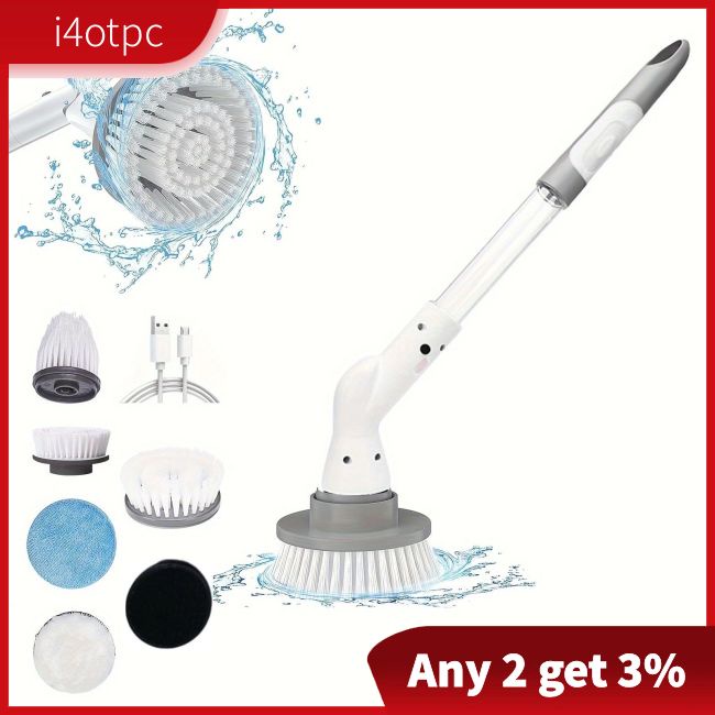 I4otpc แปรงทําความสะอาดไร้สาย ปรับได้ พร้อมหัวแปรง 6 หัว หมุนอัตโนมัติ สําหรับกระเบื้องไฟฟ้า ...