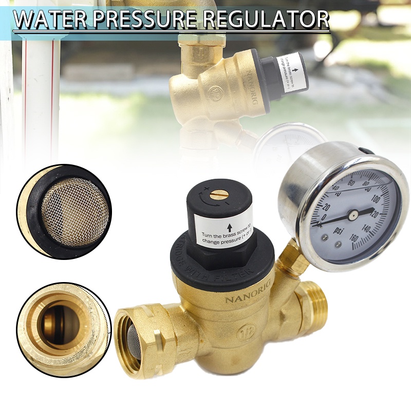 Adjustable Brass Water Pressure Regulator with Gauge 0-160 PSI for RVs ...