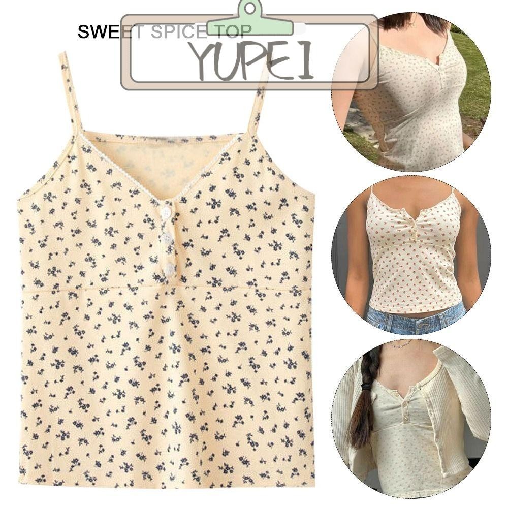 Yupei สลิงดอกไม้สามหัวเข็มขัด, เสื้อเครื่องเทศหวานบางเย็น, แฟชั่นอารมณ์ฤดูร้อนสบายๆสั้นด้านบน ...