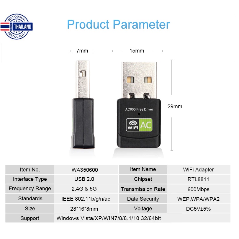 USB WiFiอะแดปเตอร์USB Ethernet WiFi Dongle 600Mbps 5Ghz Lan USB Wi-Fi ...