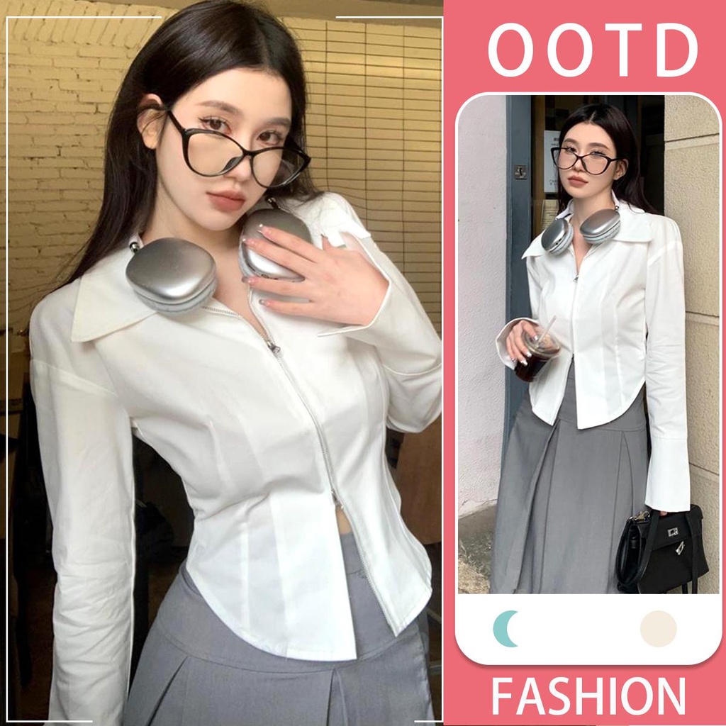 mimi&didi น่ารักเสื้อเชิ้ต แขนยาวแฟชั่นผู้หญิง เสื้อครอป Y2K ทรงเข้ารูป คอโปโล สไตล์เกาหลี ซิป ...