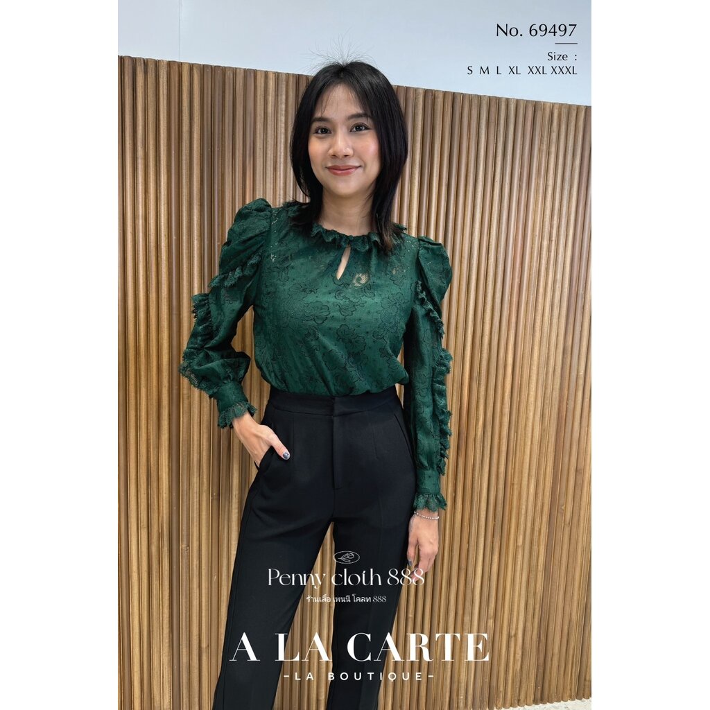 69497 เสื้อลูกไม้เนื้อบางนุ่ม คอกลมติดกระดุม มีซับใน แขนยาว มีระบาย ...