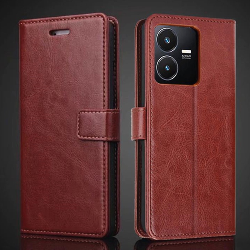 เคสหนังวัวแท้ ฝาพับ พร้อมช่องใส่บัตร ขาตั้ง สไตล์วินเทจ สําหรับ Vivo ...