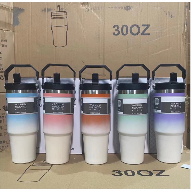 แก้วเก็บอุณหภูมิ 30OZแก้วเก็บความเย็น สีพาสเทลไล่ระดับ สแตนเลสแท้304/890mlกระติกน้ําร้อน พร้อมหู ...