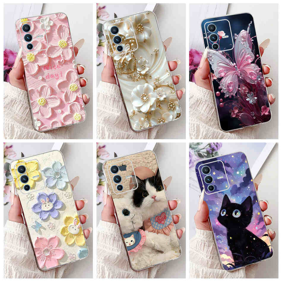 Vivo V23 Pro V23 5G แมวน่ารักผีเสื้อดอกไม้รูปแบบกรณี Vivo V2132 V2130 ...