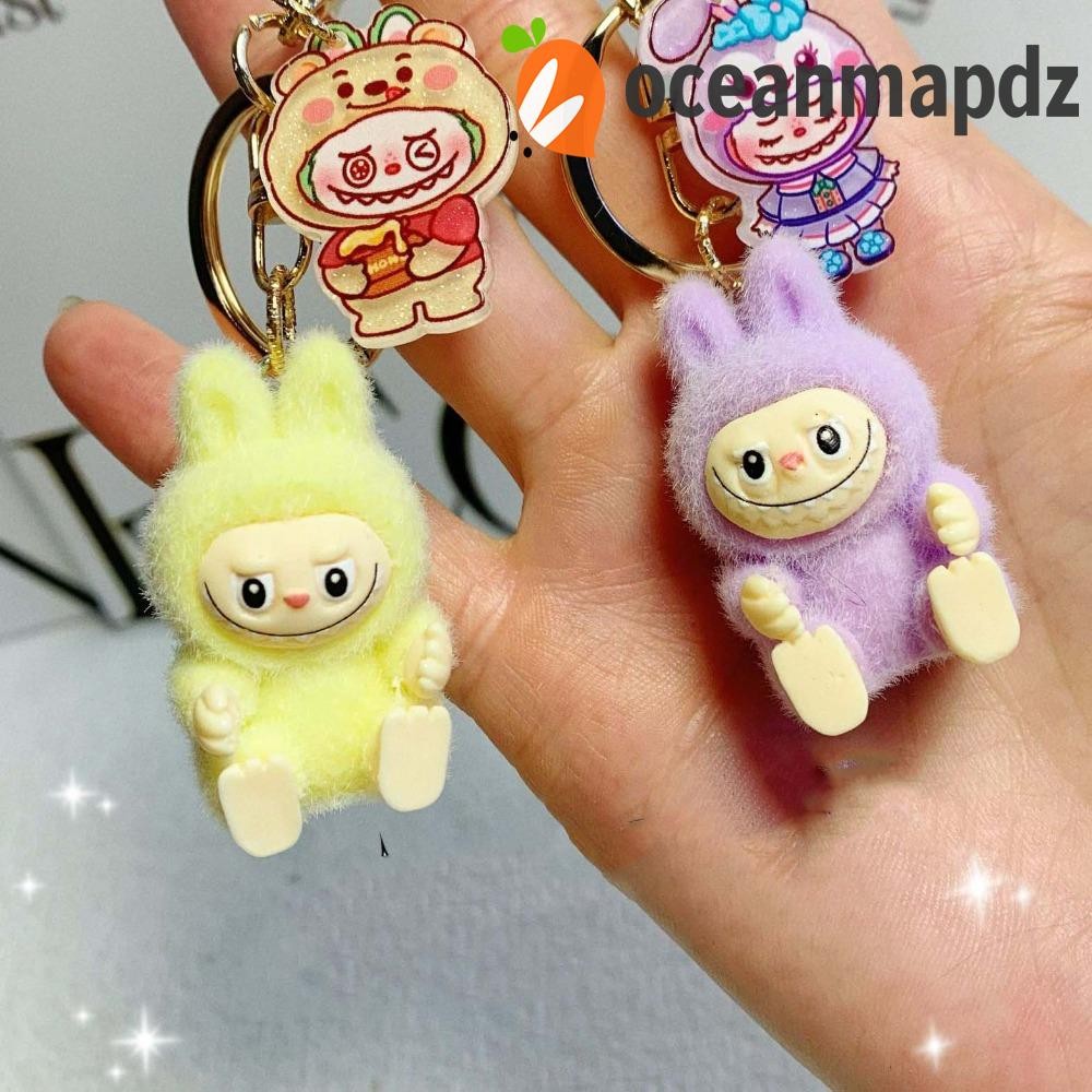 Oceanmapdz นั่งลง Labubu จี้, Kawaii โทรศัพท์ Chain Flocking Labubu พวงกุญแจ, กระเป๋าน่ารัก ...