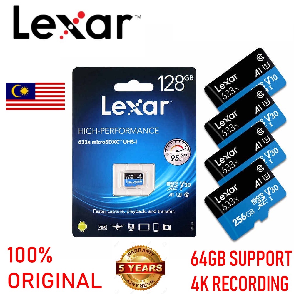 Lexar 633X ไมโคร SD UHS-I U1 U3V10 V30 633X 95mb s (16GB 32GB 64GB) รองรับการบันทึก 4K | Shopee ...