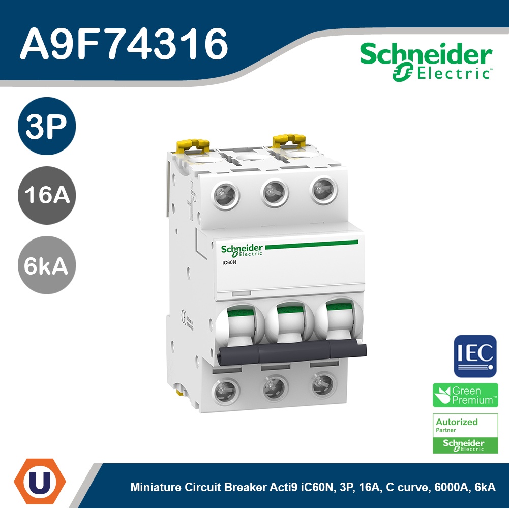 Schneider Electric A9F74316 เบรกเกอร์ลูกย่อย 3P 16A Miniature circuit-breaker,Acti9 iC60N 6kA ...