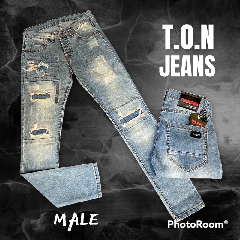 TON Jeans กาเกงยีนส์ชาย ปะ3จุดสีซีดฟอกมาแล้วสีไม่ตก | Shopee Thailand