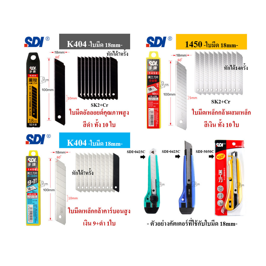 SDI_18mm_Blade ใบมีดคัตเตอร์เกรดพรีเมี่ยมความแม่นยำในการตัด 18มม 60° (หลอด10ใบ) Cutter Blade SDI ...