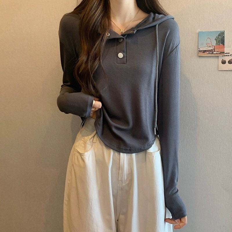 【WANG JIAO ZHAN】เสื้อยืดแขนยาว มีฮู้ด ผ้าฝ้ายแท้ ทรงพิเศษ สีพื้น สไตล์ ...
