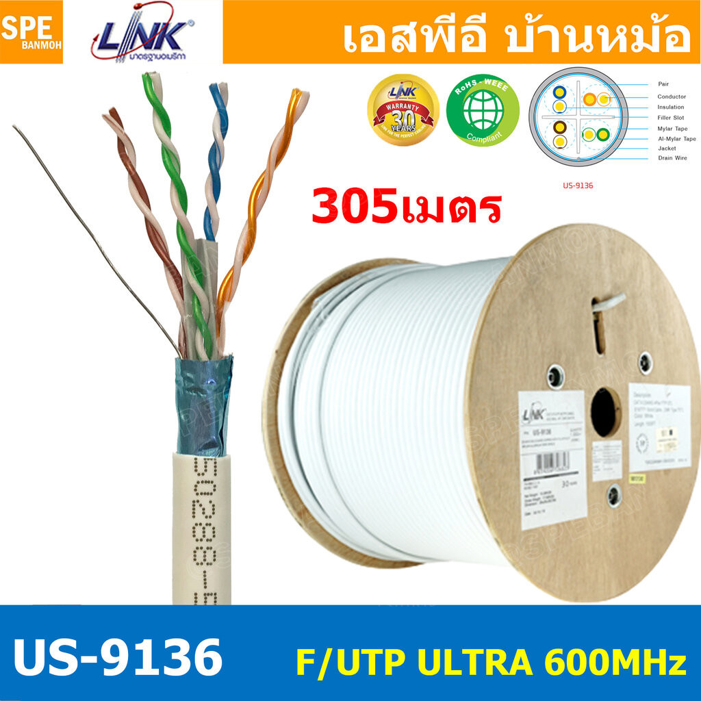 [ 305เมตร/ม้วน ] Link US-9136 สายแลนด์ภายใน CAT6 F/UTP Ultra 23AWG ...