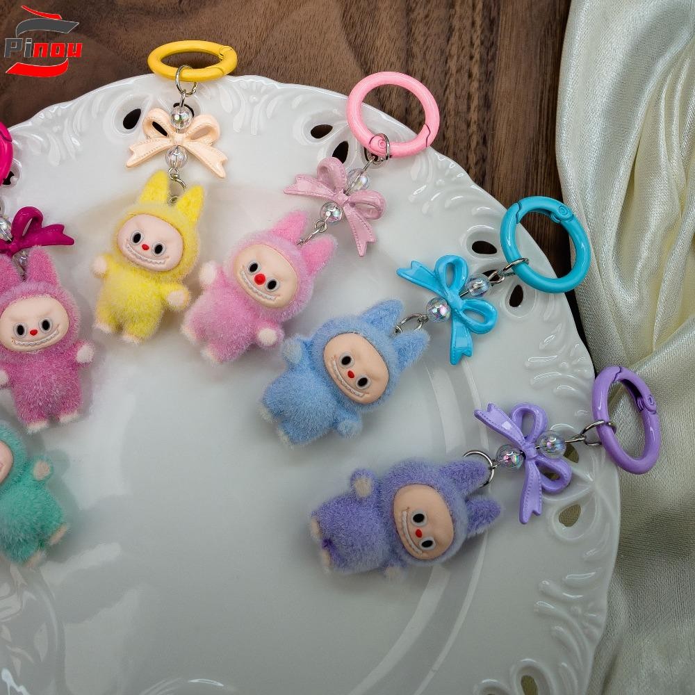 Pinou Flocking Labubu Key Ring, ซิลิกาเจล Bell นั่งลง Labubu จี้ ...