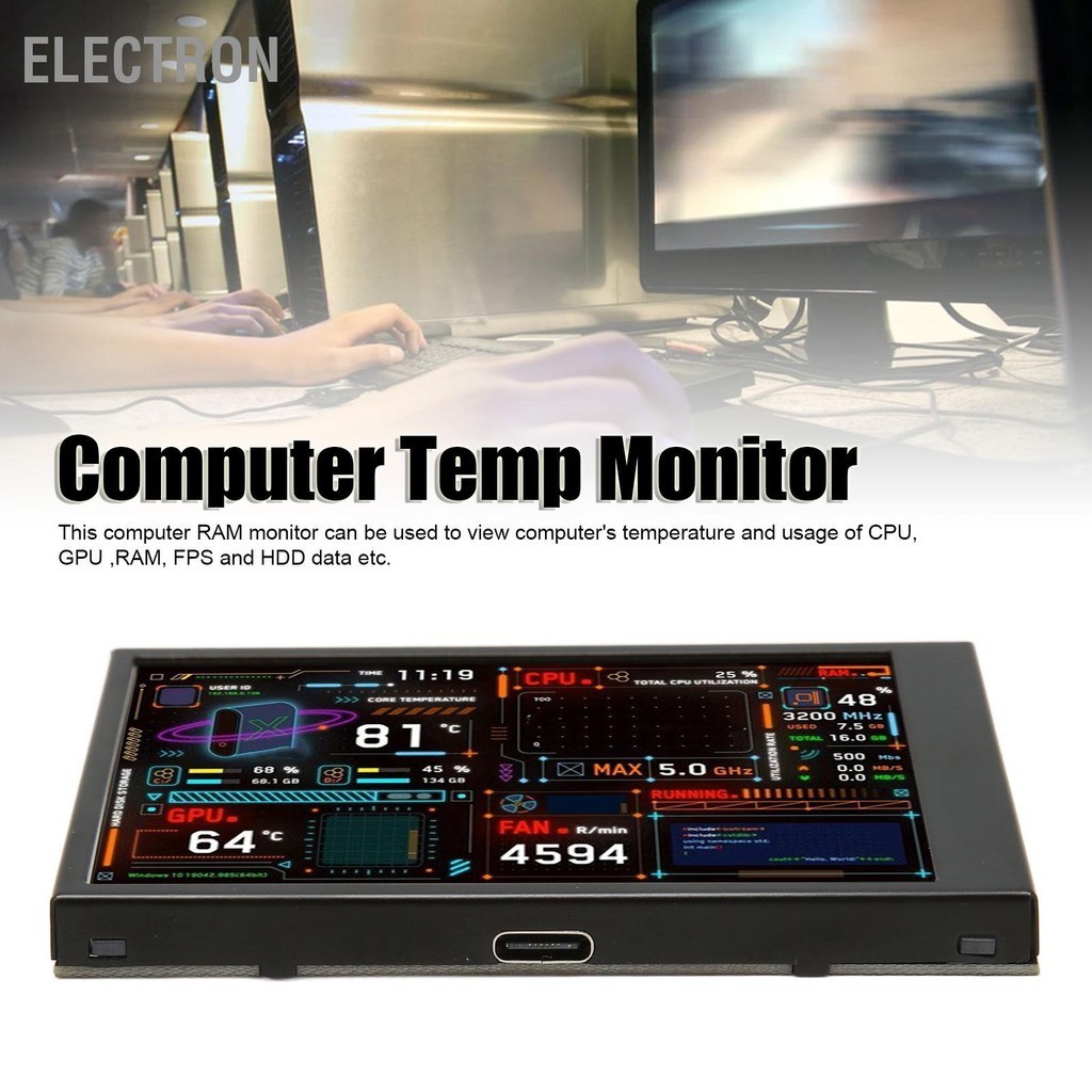 Electron คอมพิวเตอร์ TEMP Monitor 3.5 นิ้ว IPS Dimmable Dual USB C Theme Editor ปรับแต่ง PC CPU ...