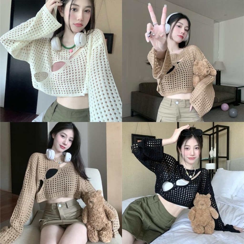 Lune_graceเสื้อครอปแขนยาว ผ้าตาข่าย ดีเทลเจาะรูหน้าอก เก๋ๆ รุ่น6709 | Shopee Thailand