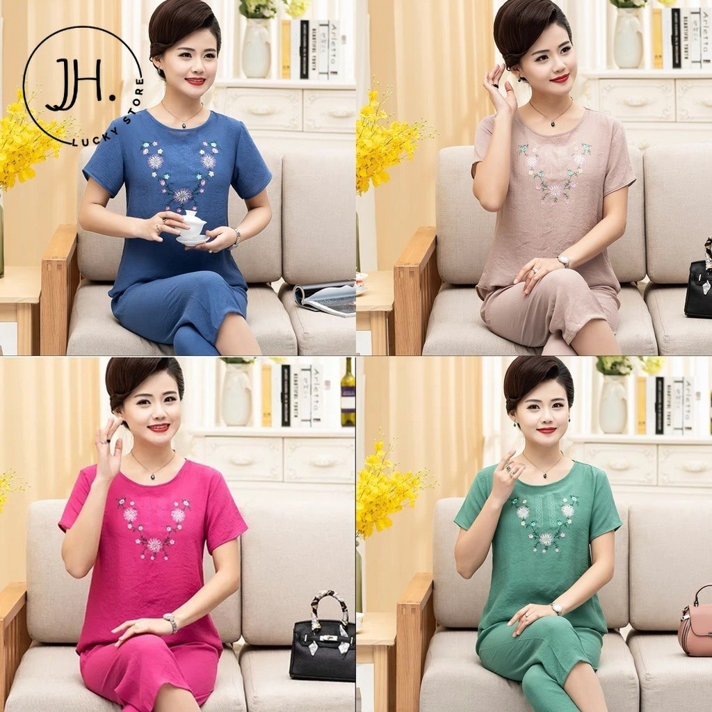 JH.lucky ใหม่ ชุดเซทสองชิ้น เนื้อผ้าลินินอย่างดี ปักลายดอกไม้สวยงาม คอกลม เหมาะกับวัยทำงาน ใส่ ...