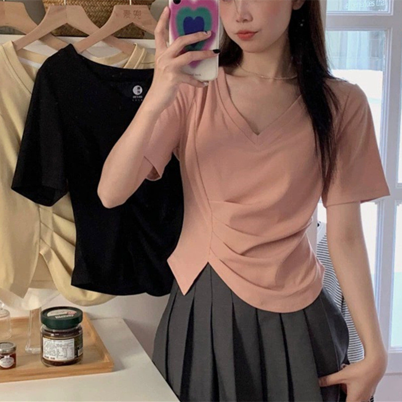【WANG JIAO ZHAN】 คอวี แขนสั้น ทรงครอป เสื้อเชิ้ตทางการทรงเข้ารูป【429 ...