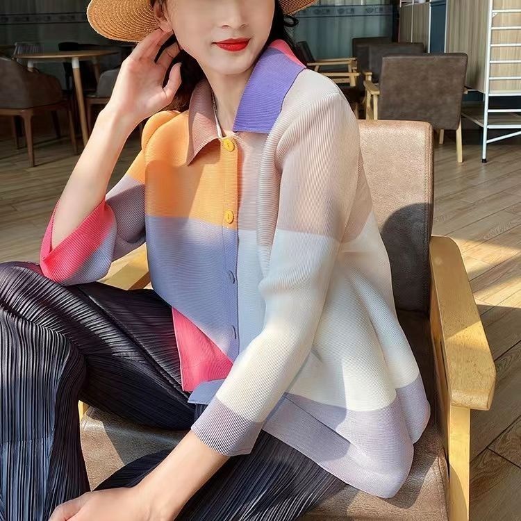 Issey Miyake Sanzhai Pleated Women's Top2022Spring and Autumn Fashion All-Matching Small ...