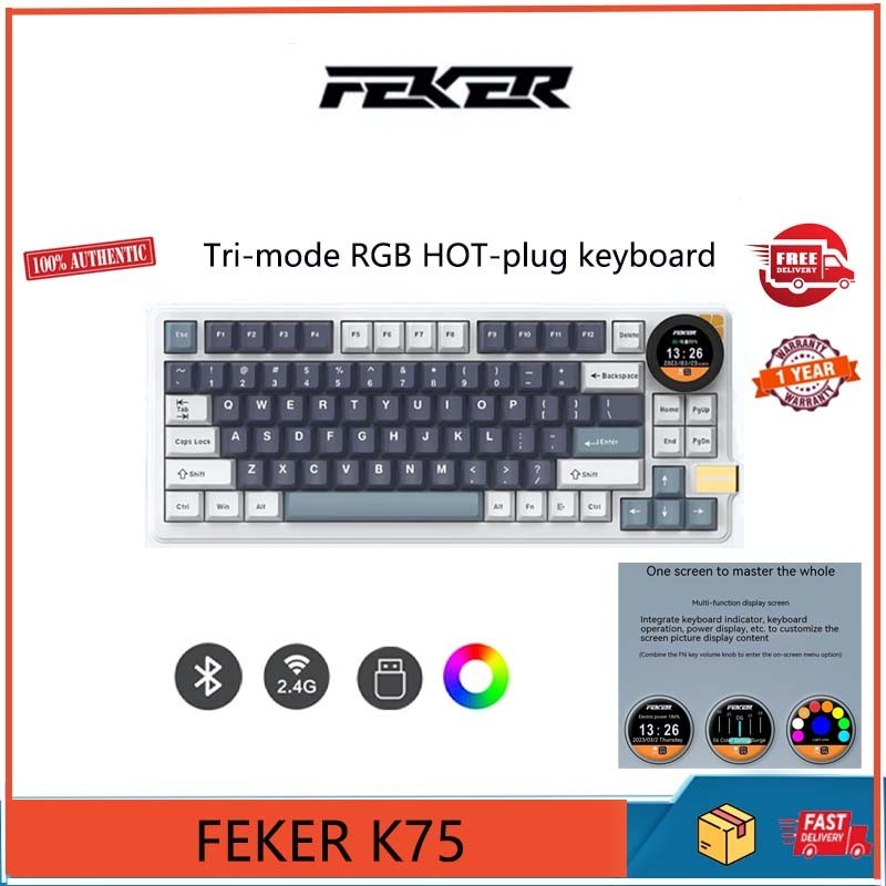 Feker K75 คีย์บอร์ดเกมมิ่ง มีไฟแบ็คไลท์ RGB 83 คีย์ พร้อมลูกบิดหน้าจอ บลูทูธ ไร้สาย 3 โหมด PBT ...
