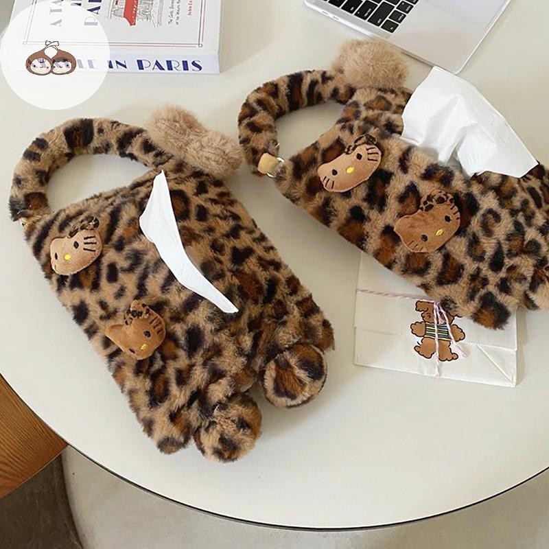 Bef น่ารักเสือดาวพิมพ์ Hello Kitty Plush กระดาษทิชชู Girly รถ KT Cat ...