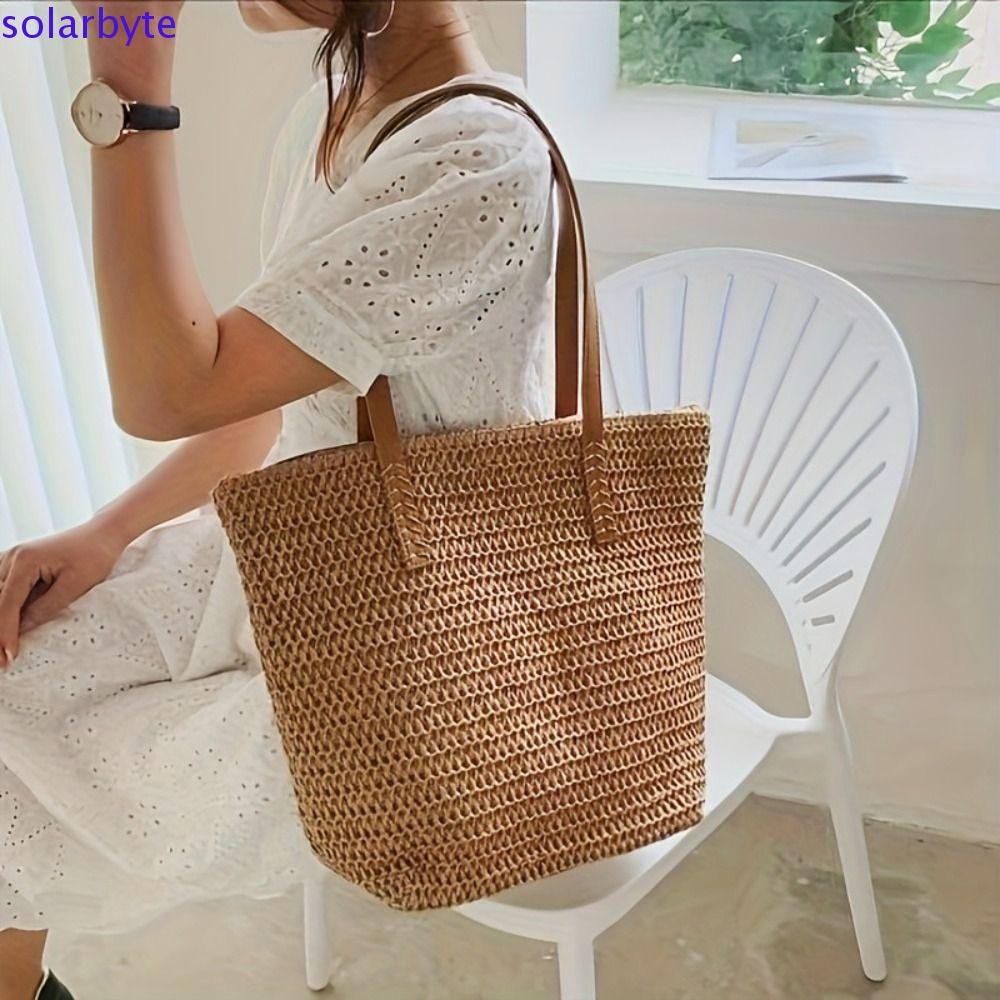 Solarbyte กระเป๋าชายหาด,สไตล์โบฮีเมียนซิปสานฟาง Tote Bag, Simple Square กระเป๋าถือขนาดใหญ่ความจุ ...