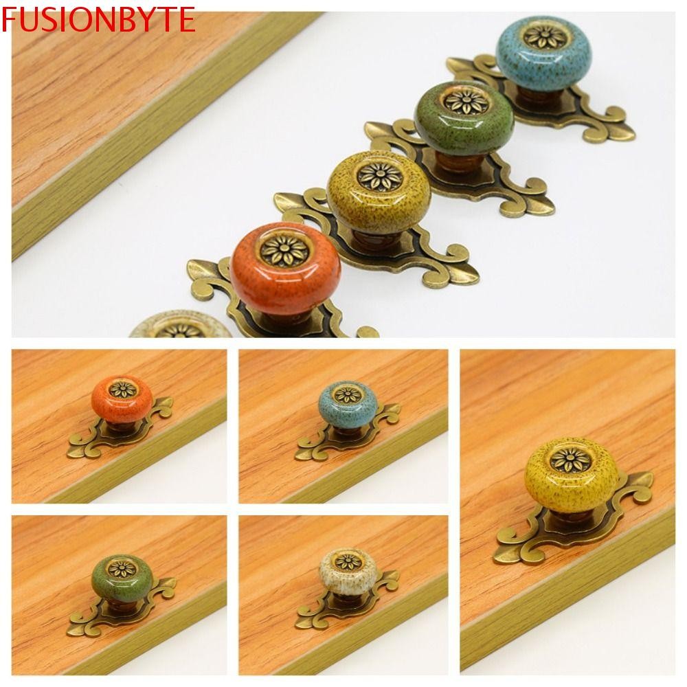 Fusionbyte ลูกบิดเซรามิก, ลูกบิดประตูสไตล์ชาติพันธุ์รูเดียว, เซรามิกวินเทจสีบรอนซ์โบราณดอกไม้ดึง ...