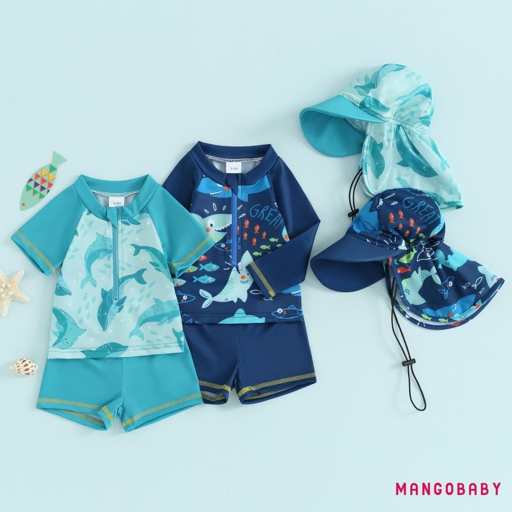 Mg-baby Kids Boys Rash Guard Set แขนสั้น Shark Dolphin พิมพ์ด้านบนพร้อม ...