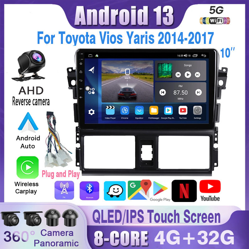 เครื่องเล่นมัลติมีเดีย 4G 32G Android 8 core พร้อมกรอบ สําหรับ TOYOTA VIOS YARIS 2014 2015 2016 ...