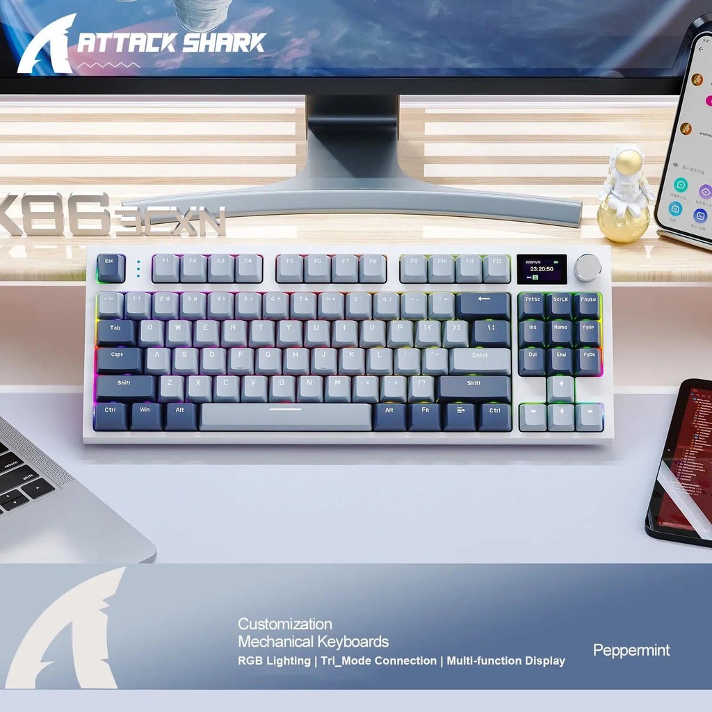 Attack Shark คีย์บอร์ดสี K86 คีย์บอร์ดไร้สาย, รูปแบบ RGB Tri-Mode 75% ...
