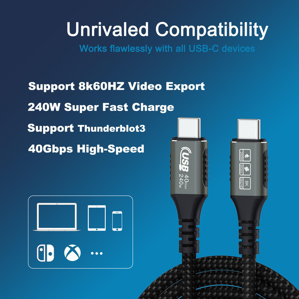 สายเคเบิล USB4 USB C 40Gbps 100W 240W 8K 60Hz 1M 2m Thunderbolt 4 Type-C สําหรับแล็ปท็อป และ ...