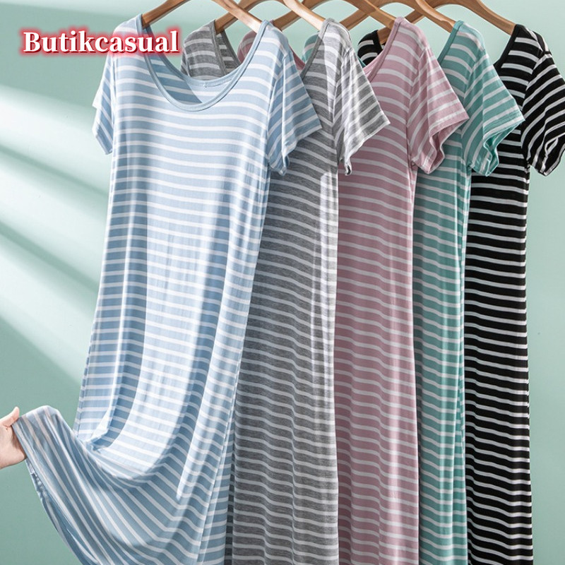 ผู้หญิง Modal Striped ชุดนอนสบายบาง nightwear 2025 ฤดูร้อนคอกลมแขนสั้น ...