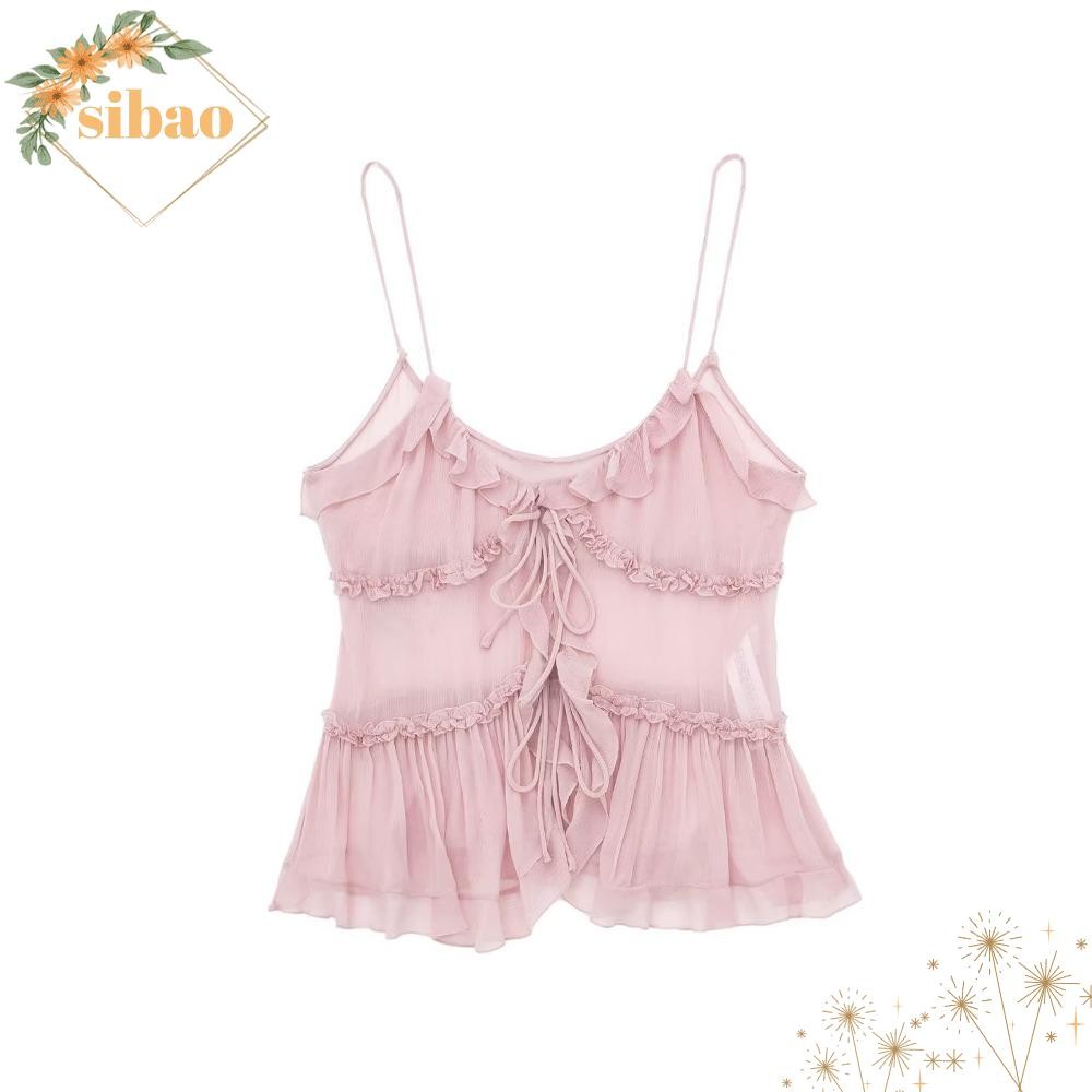 Sibao เสื้อแขวน, เสื้อกล้ามจับจีบแฟชั่นโพลีเอสเตอร์กึ่งเชียร์, เสื้อ ...