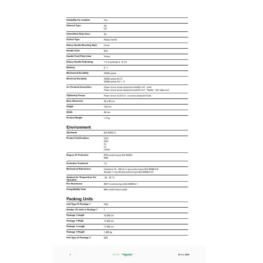 Schneider Electric VCF5 : สวิตซ์ตัดต่อวงจร ที่จับแบบยาว 3P 125A ...