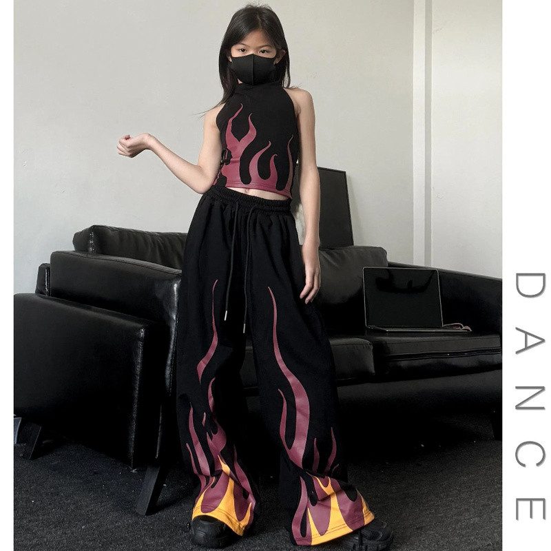 [KeDaYa] พร้อมส่ง กางเกงวอร์มลายเปลวไฟ Ne Zha สไตล์เกาหลี เสื้อครอปแขน ...