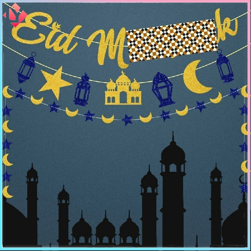 Hari Raya เทศกาลตกแต่ง Ramadan ดึง Glitter แบนเนอร์กระดาษเครื่องประดับ ...