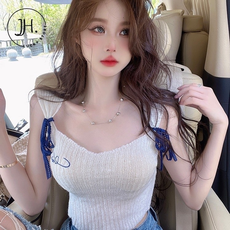 JH.lucky เสื้อกล้าม เสื้อสายเดี่ยวไหมพรม เสื้อy2k ทรงเซ็กซี่ เนื้อผ้ายืดได้เยอะ แถมเชือกผูก ปัก ...