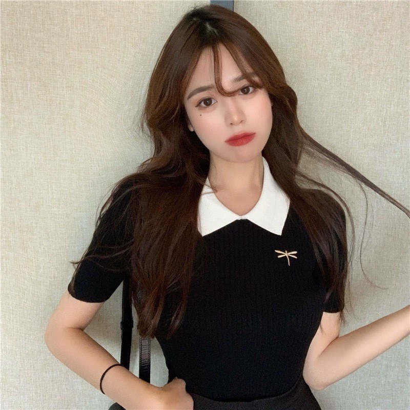 SHOP_MKLเสื้อไหมพรม แขนสั้นคอปก ผ้ายืด ลายปักรูปแมลงปอ ดีไซน์สวย น่ารักสไตล์มินิมอลเกาหลี 2สีให้ ...