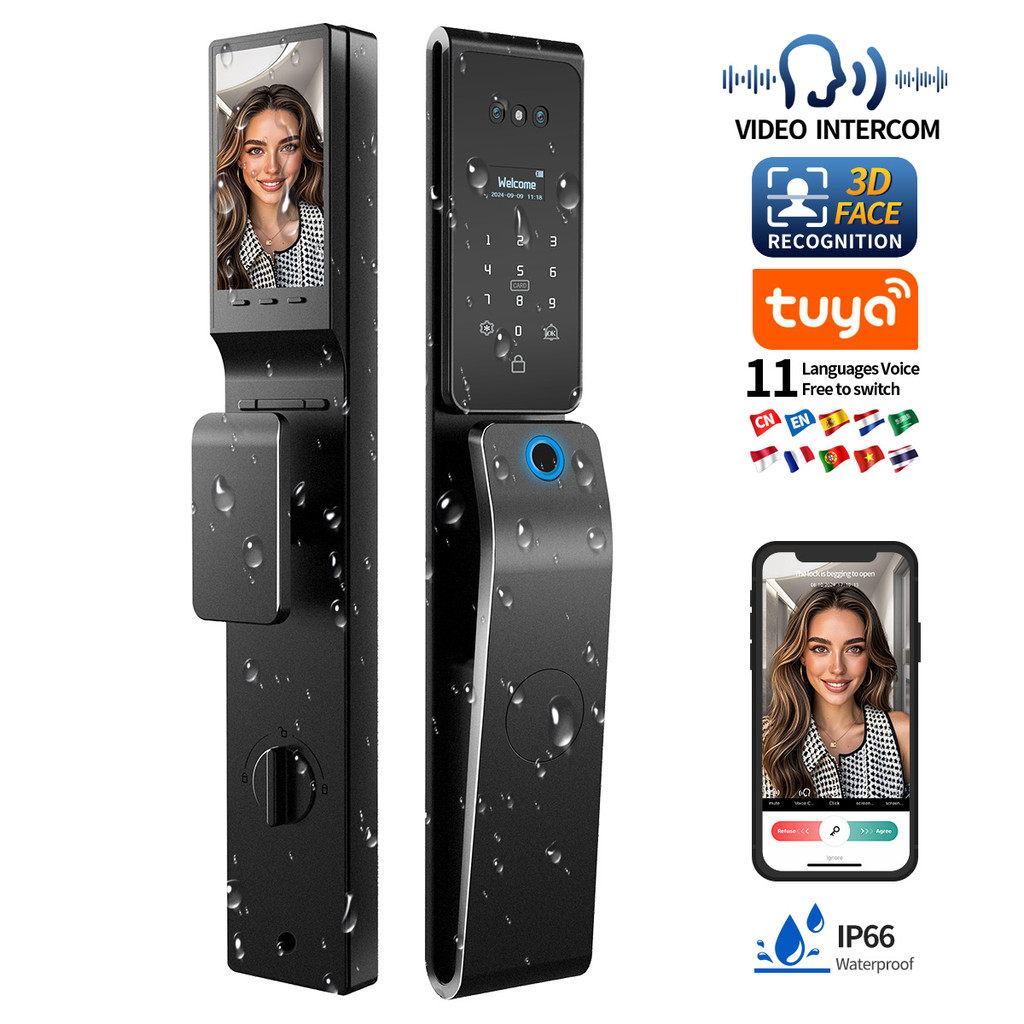 Waterproof Tuya 3D Face Recognition Smart Lock Fingerprint App Remote Control Video Intercom ...