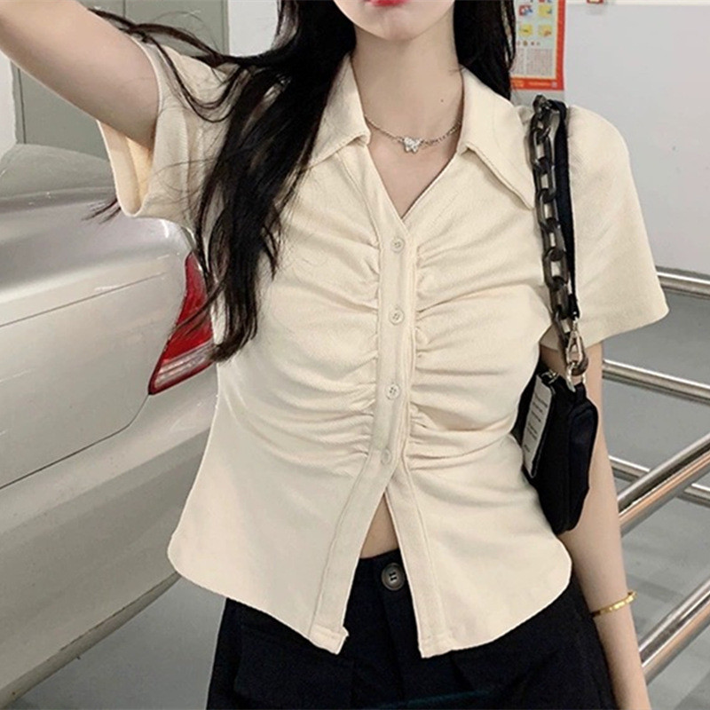 【WANG JIAO ZHAN】 เสื้อโปโลแขนสั้น ปาดไหล่ ผ้าฝ้ายแท้ ทรงอสมมาตร สุดชิค ...