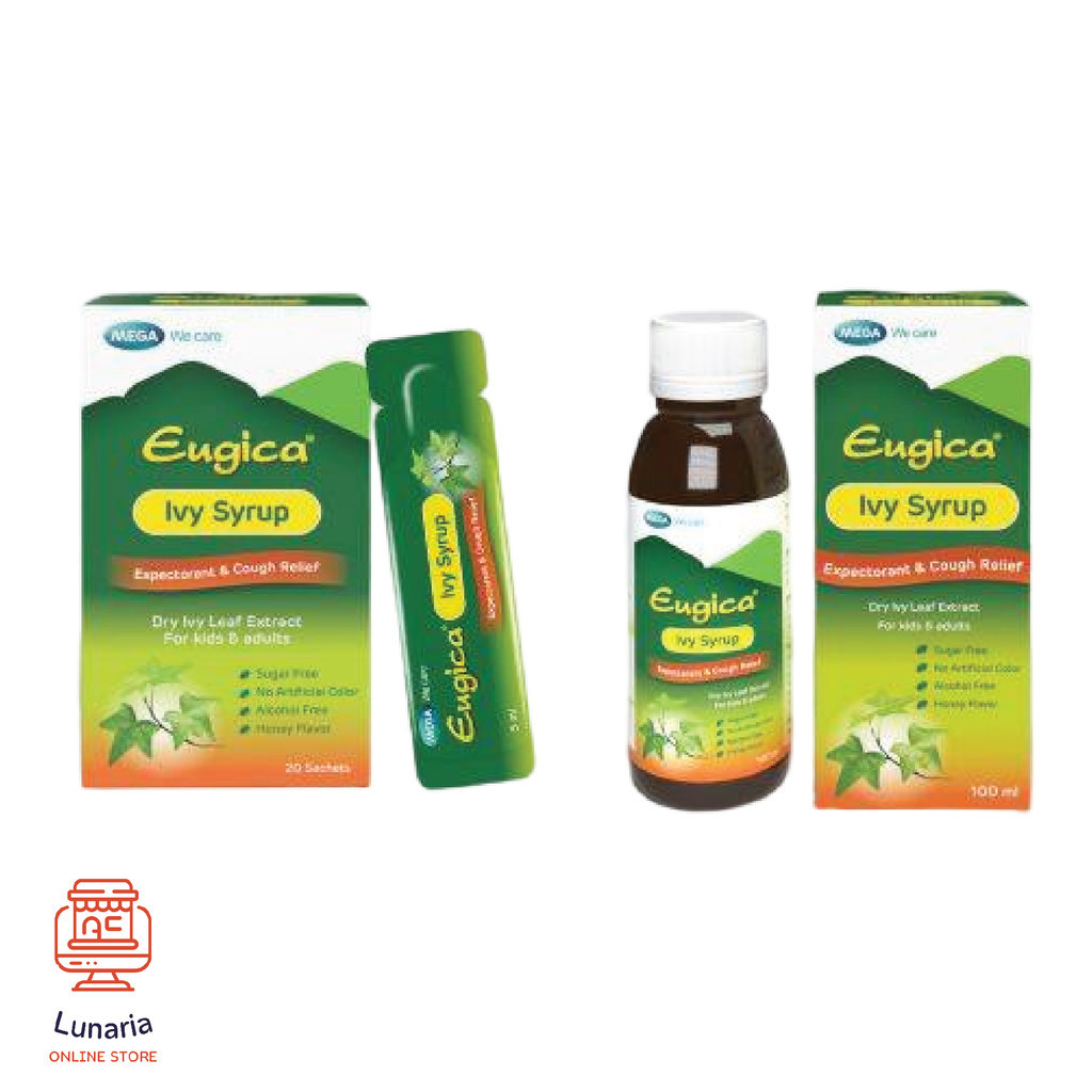 Mega Eugica Ivy Syrup Sachets 20x5 ml., Bottle 100 ml. ยูจิก้า ไอวี่ ไซรัป ชนิด ซอง 20x5 มล. ...