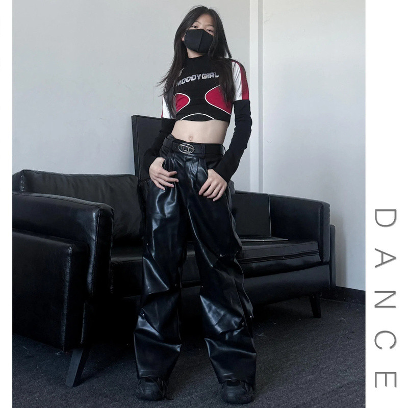 [KeDaYa] พร้อมส่ง. เสื้อครอปสาวๆ, กางเกงหนัง PU สีดำ, เสื้อยืดสไตล์ ...