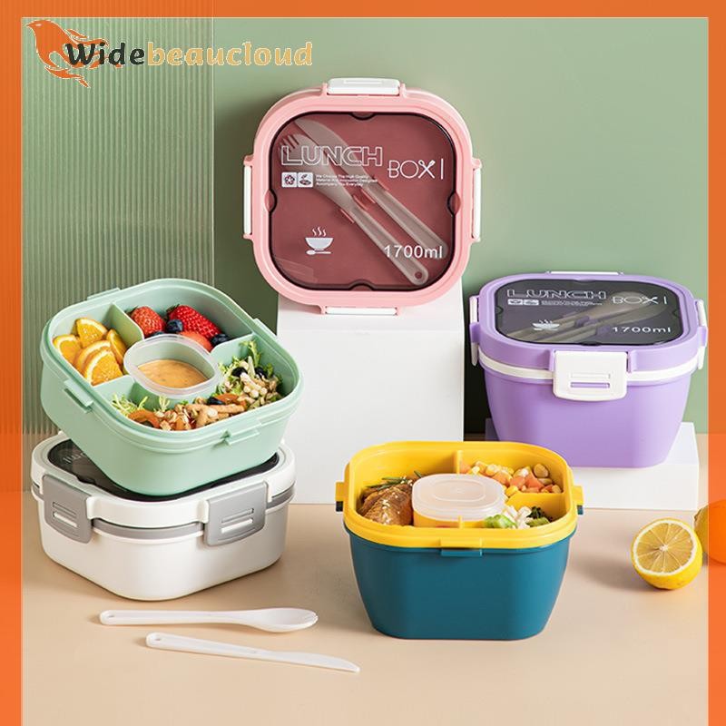 Widebeaucloud Double Lunch Bento Box พร้อมชามสลัดไมโครเวฟได้ขนาดใหญ่ความจุ 4 กริดปิดผนึกกล่อง ...