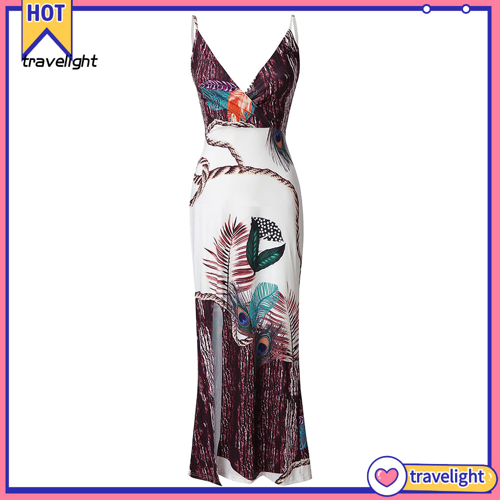 Travelight| ชุดเดรสยาว สายสปาเก็ตตี้ คอวีลึก พิมพ์ลายขนนกยูง แฟชั่น ...