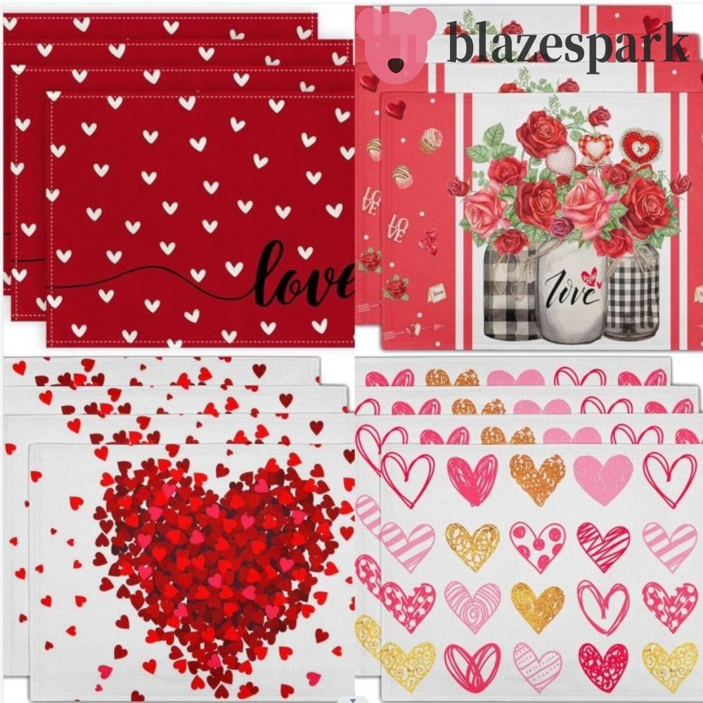 Blazespark 4 ชิ้นวันวาเลนไทน์ Placemats, 30x45 ซม.ผ้าลินินสีแดง Love Hearts ตาราง, อุปกรณ์ครัวทน ...